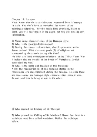 Chapter 15 BaroqueNote Know that the artarchitecture presente | PDF