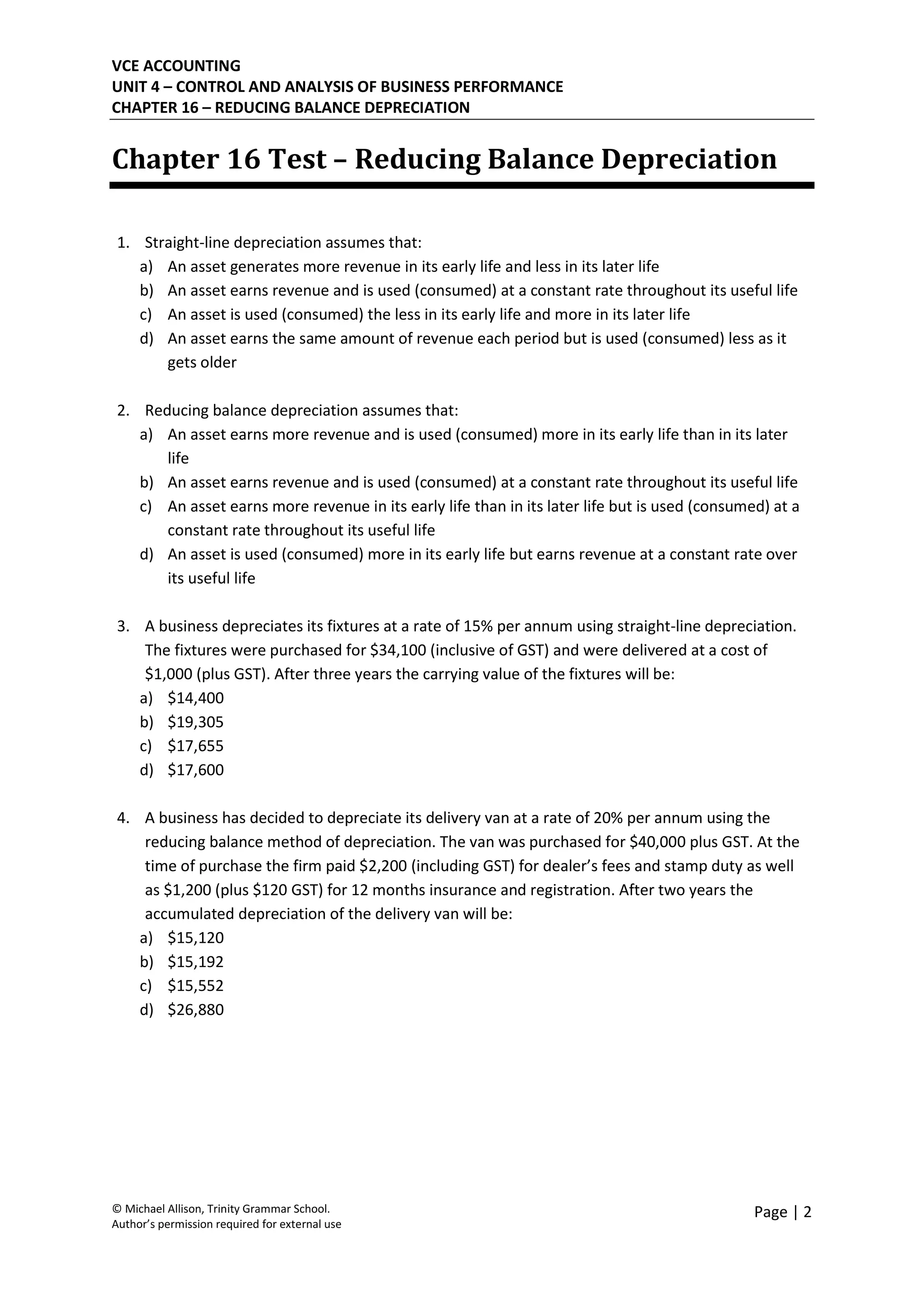 Chapter 16 Reducing Balance Depreciation - Test | PDF