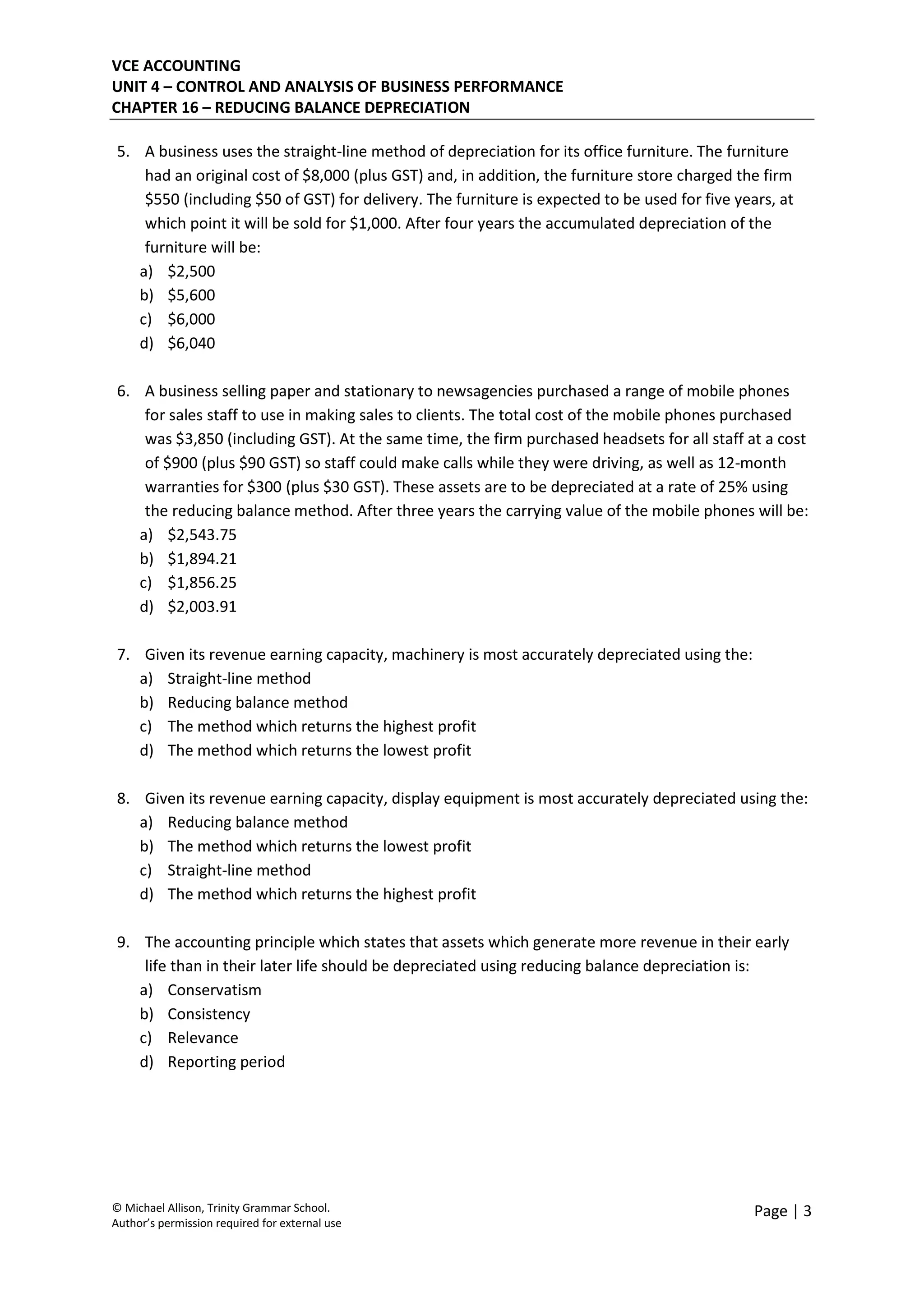 Chapter 16 Reducing Balance Depreciation - Test | PDF