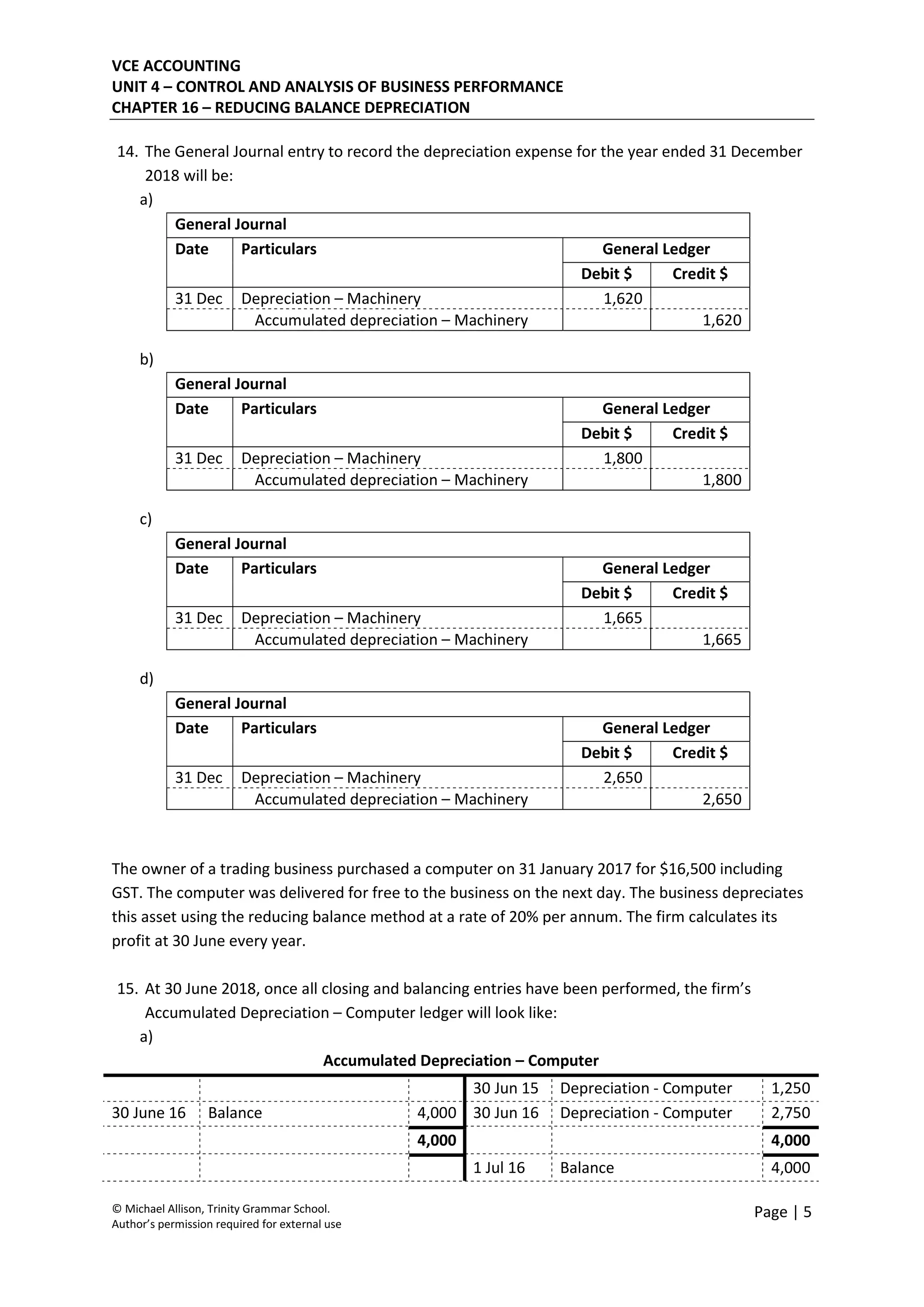 Chapter 16 Reducing Balance Depreciation - Test | PDF