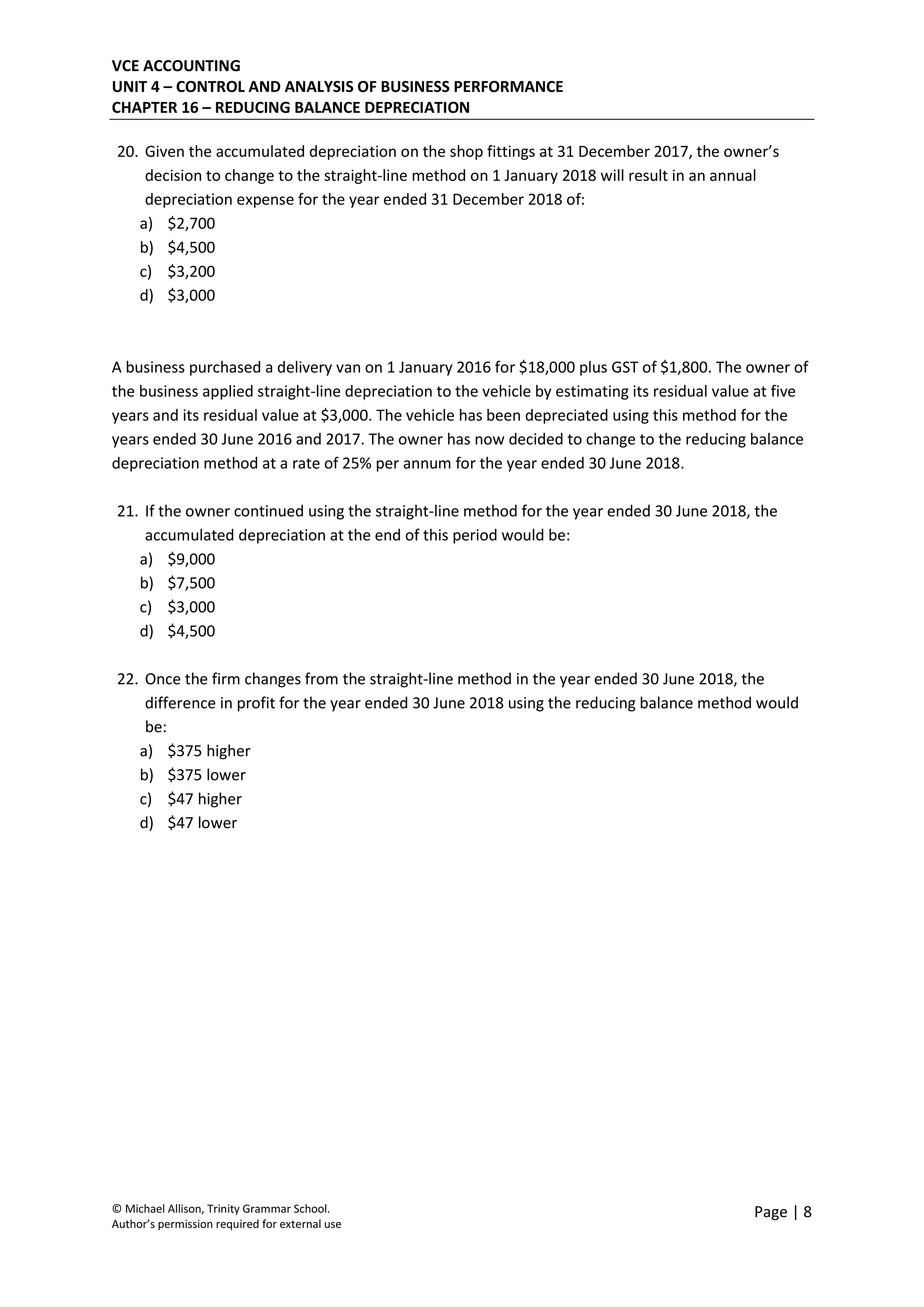 Chapter 16 Reducing Balance Depreciation - Test | PDF