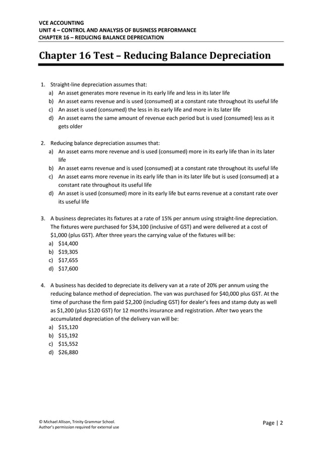 Chapter 16 Reducing Balance Depreciation - Test | PDF