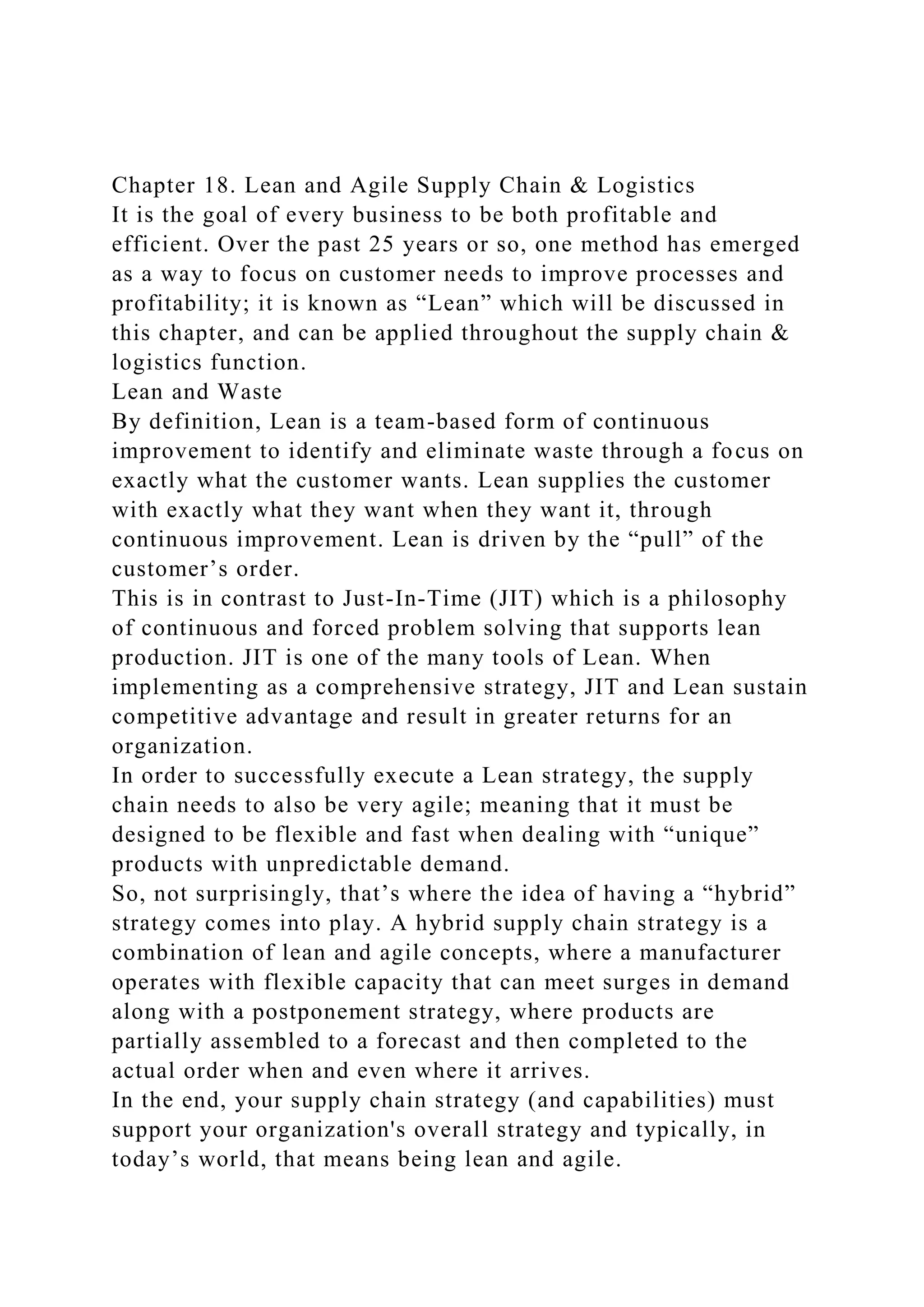 Chapter 18. Lean and Agile Supply Chain & LogisticsIt is the goa.docx