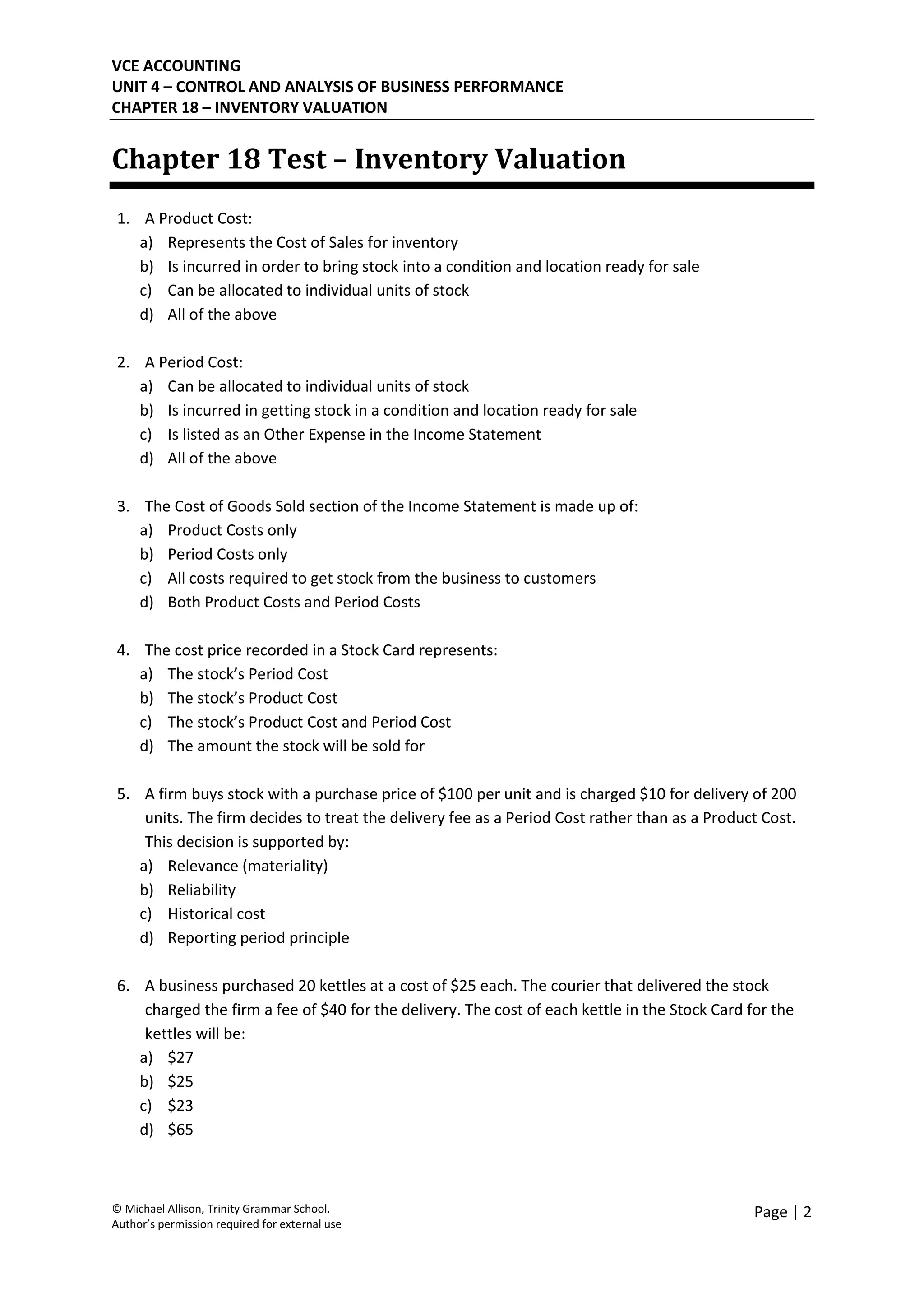 Chapter 18 Product Costs, Period Costs, NRV - Test | PDF