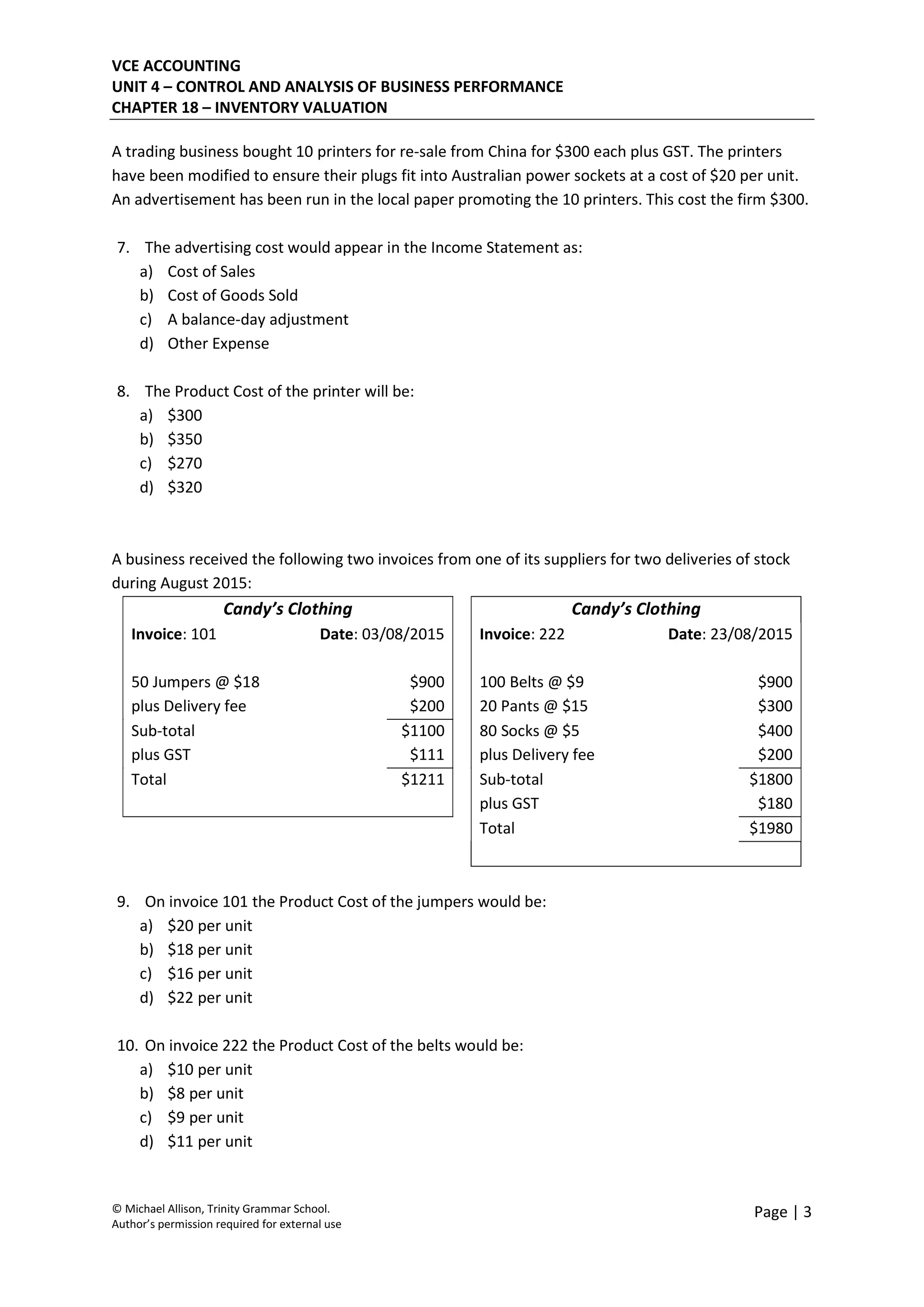 Chapter 18 Product Costs, Period Costs, NRV - Test | PDF