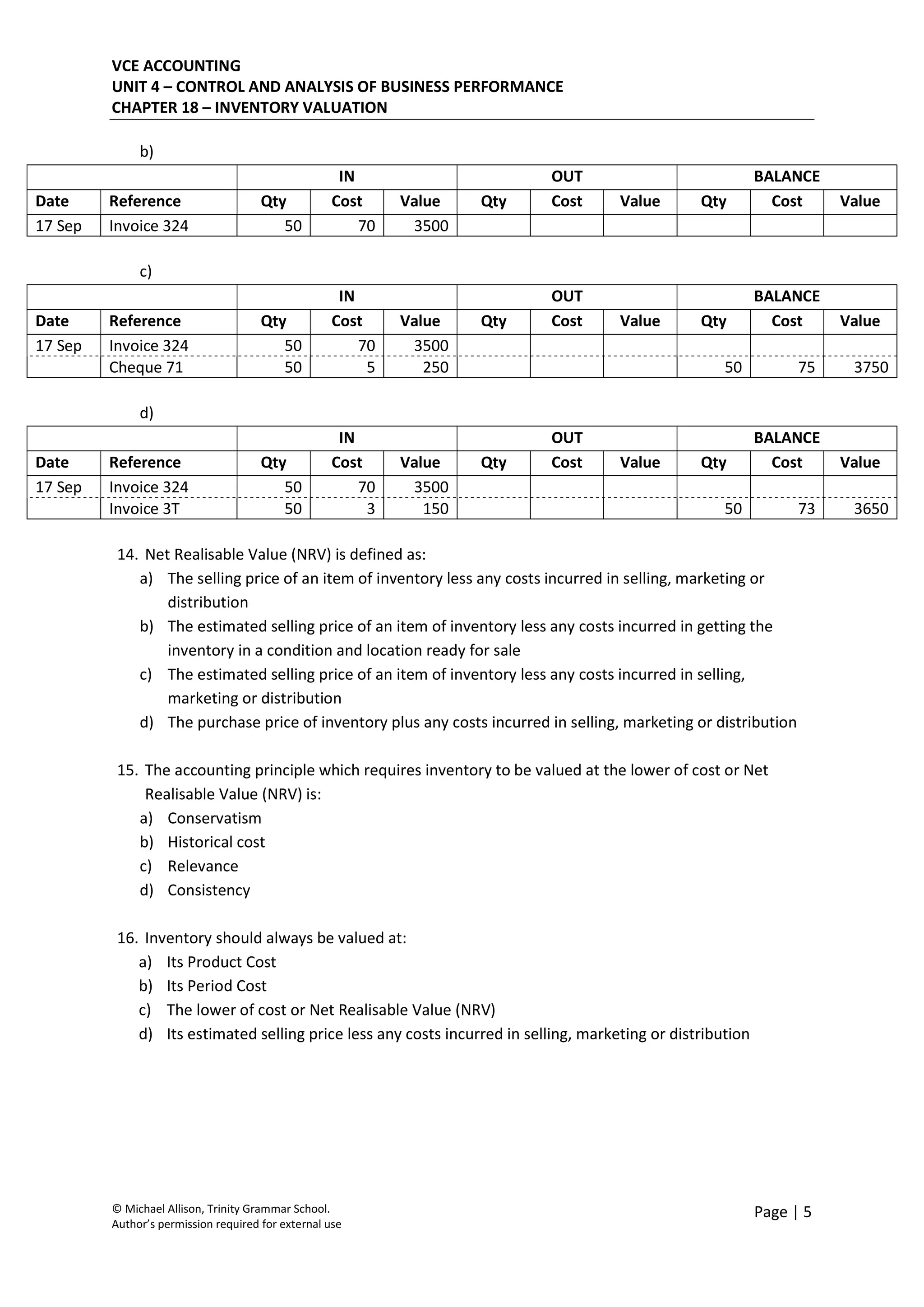 Chapter 18 Product Costs, Period Costs, NRV - Test | PDF