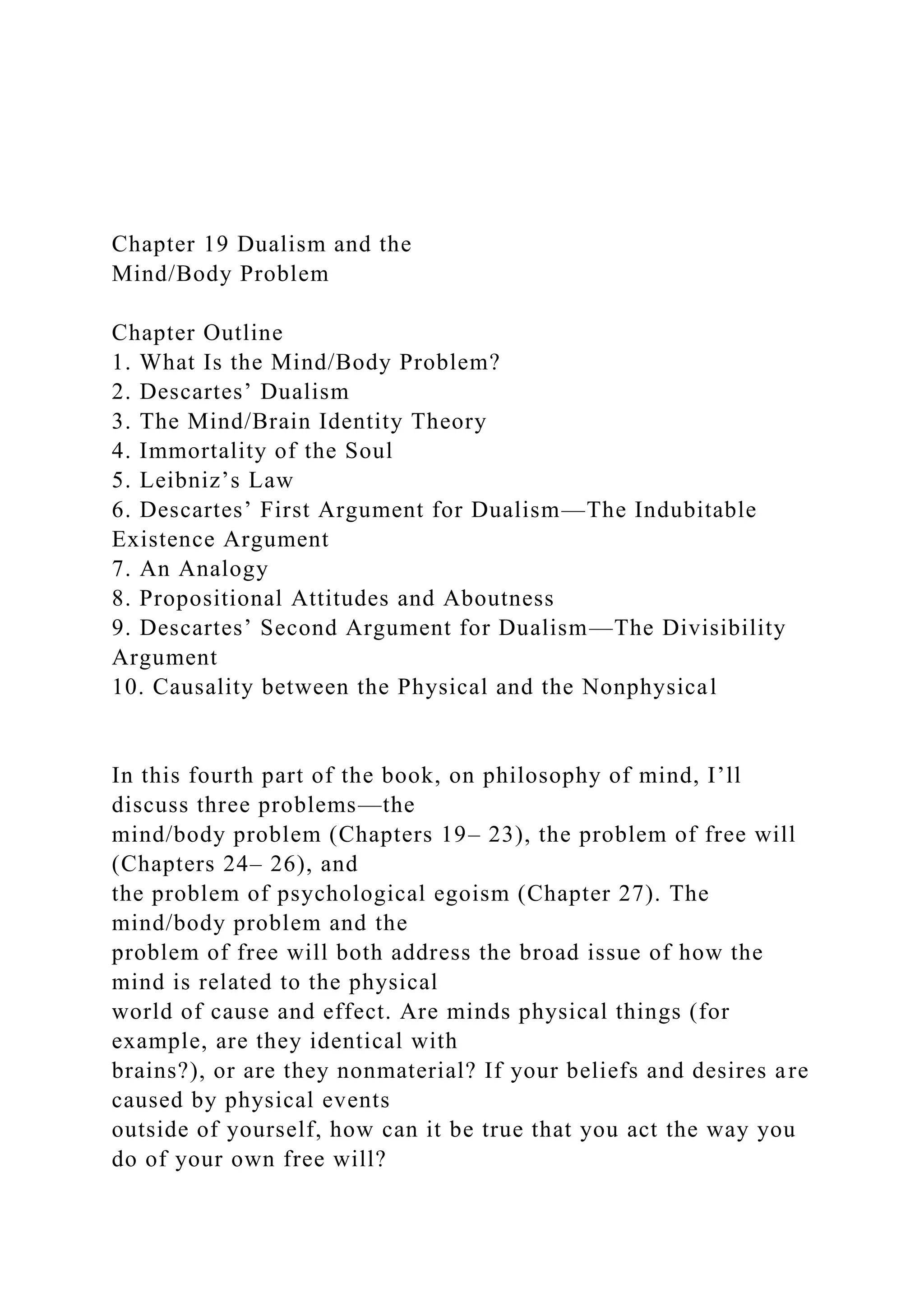 Chapter 19 Dualism and the MindBody Problem Chapter Out.docx