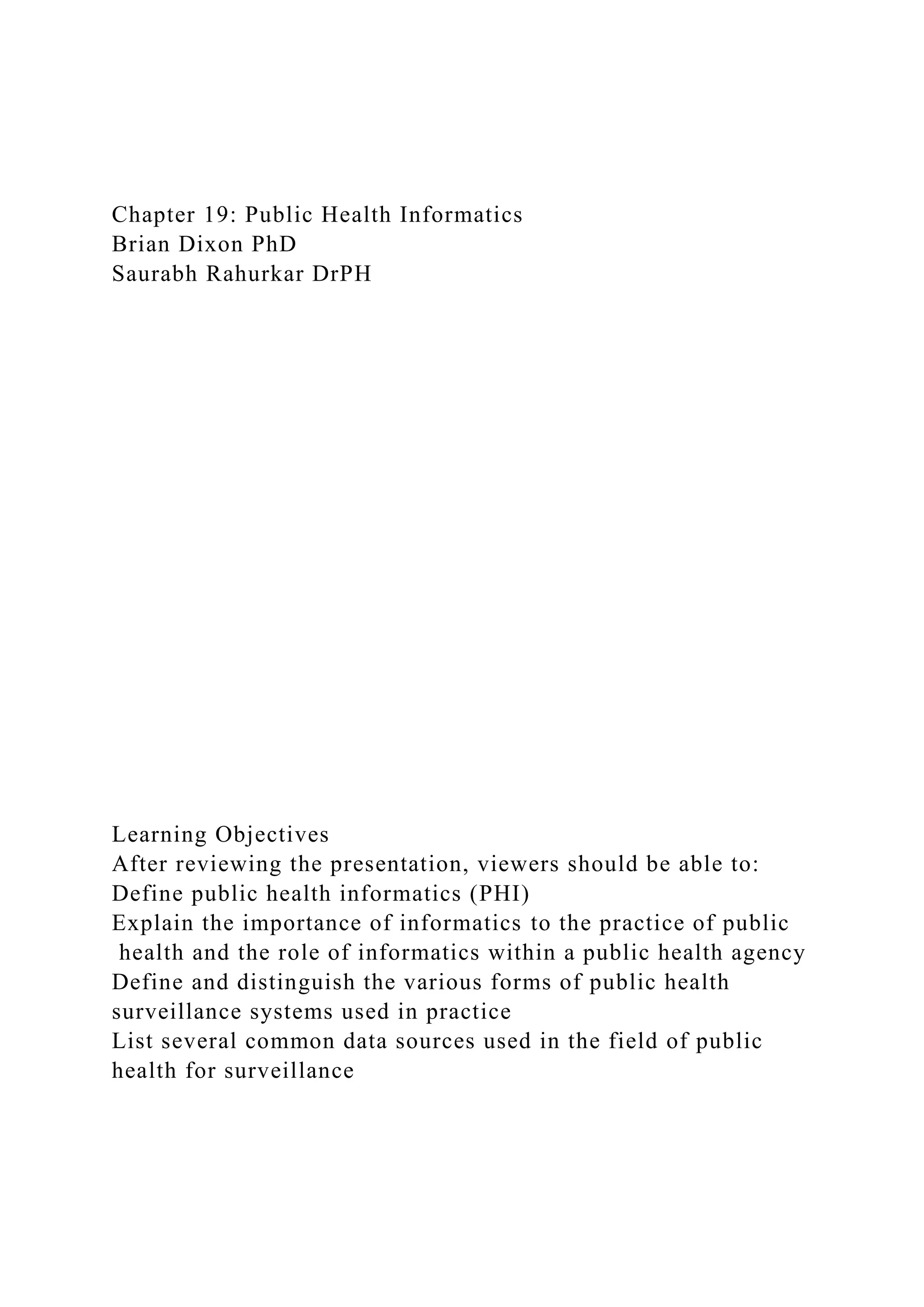 Chapter 19 Public Health InformaticsBrian Dixon PhDSaurabh .docx