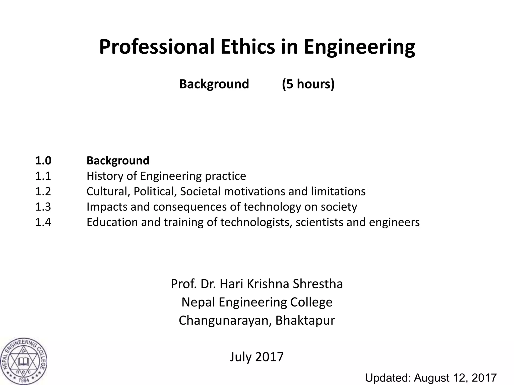 Professional Ethics in Engineering Chapter 1 Background HKS | PPTX