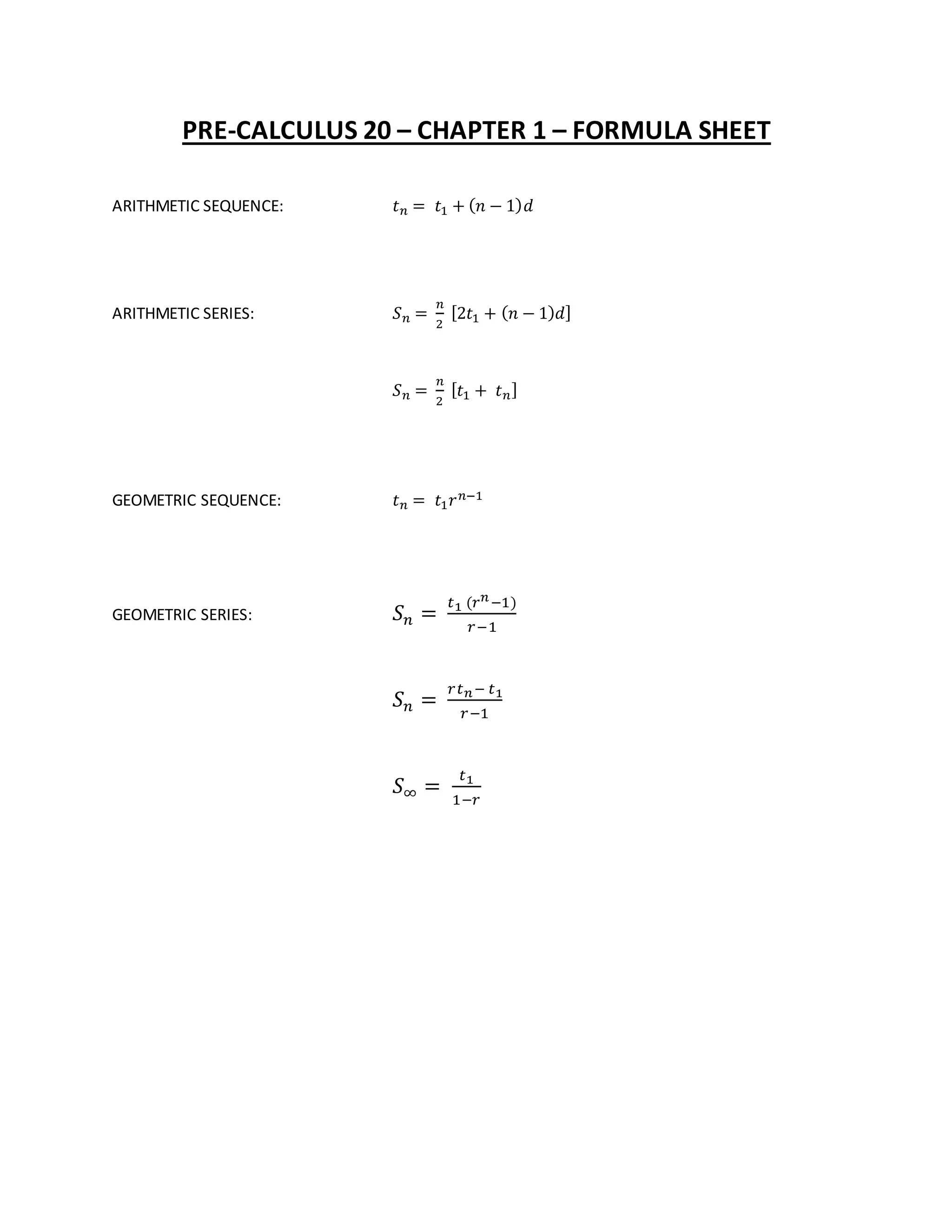 Mrs. Sack's Pre-Calculus 20 Chapter 1 formula sheet (for exam) | PDF