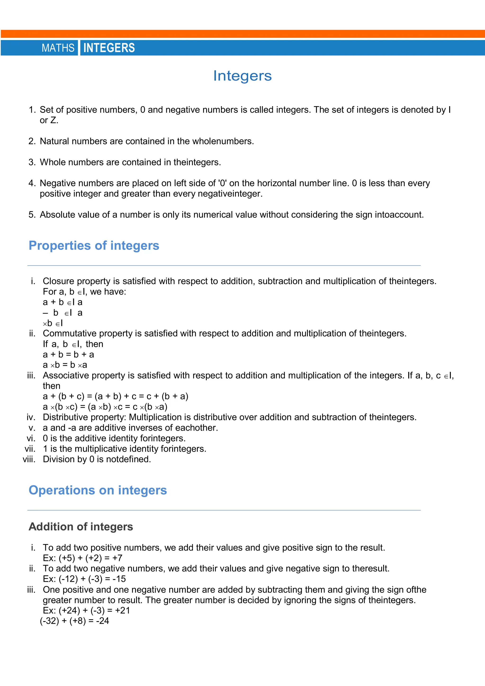 CBSE - Grade 7 - Mathematics - Ch 1 - Integers | PDF