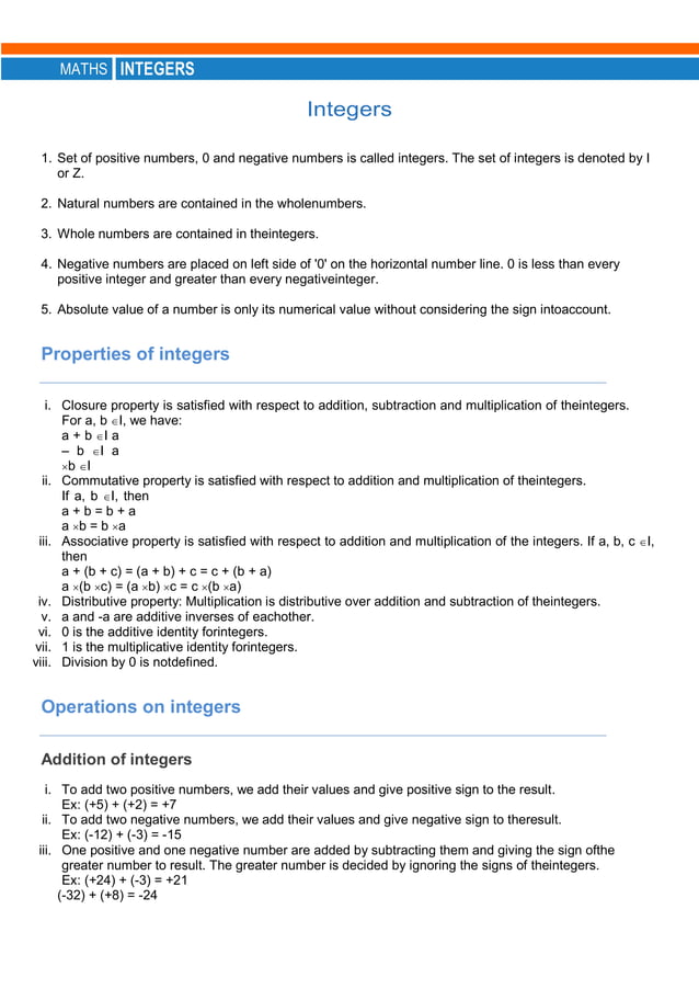 CBSE - Grade 7 - Mathematics - Ch 1 - Integers | PDF