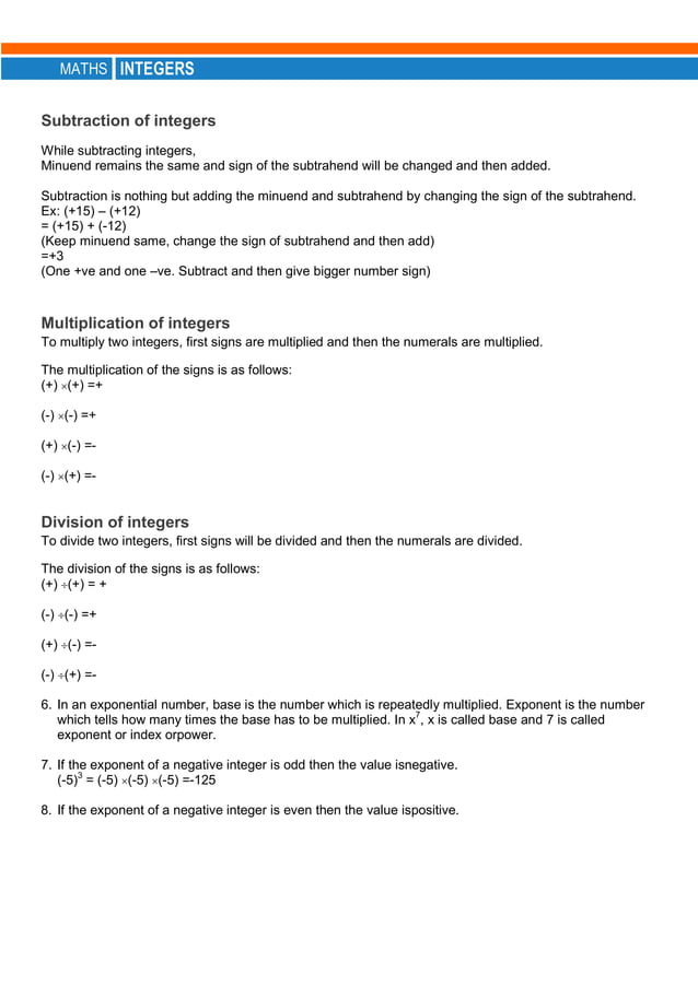 CBSE - Grade 7 - Mathematics - Ch 1 - Integers | PDF