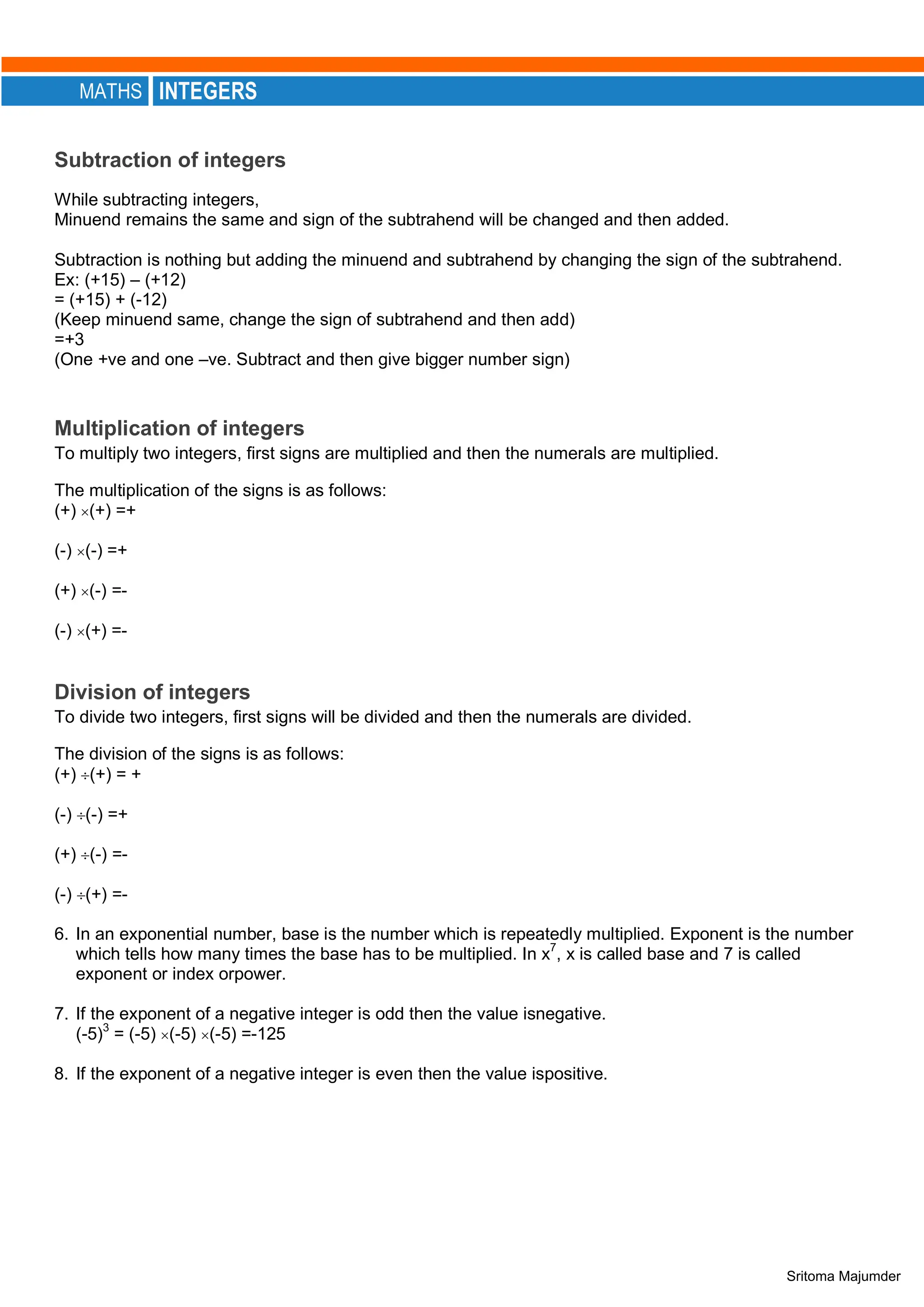 CBSE - Grade 7 - Mathematics - Ch 1 - Integers - Notes(PDF) | PDF