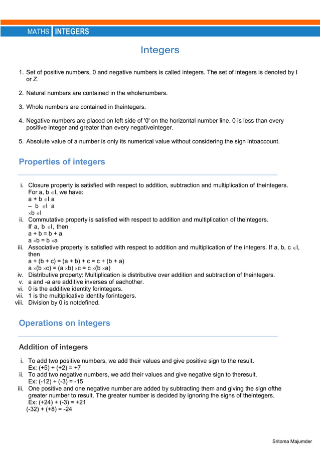 CBSE - Grade 7 - Mathematics - Ch 1 - Integers - Notes(PDF) | PDF