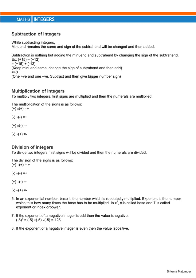 CBSE - Grade 7 - Mathematics - Ch 1 - Integers - Notes(PDF) | PDF