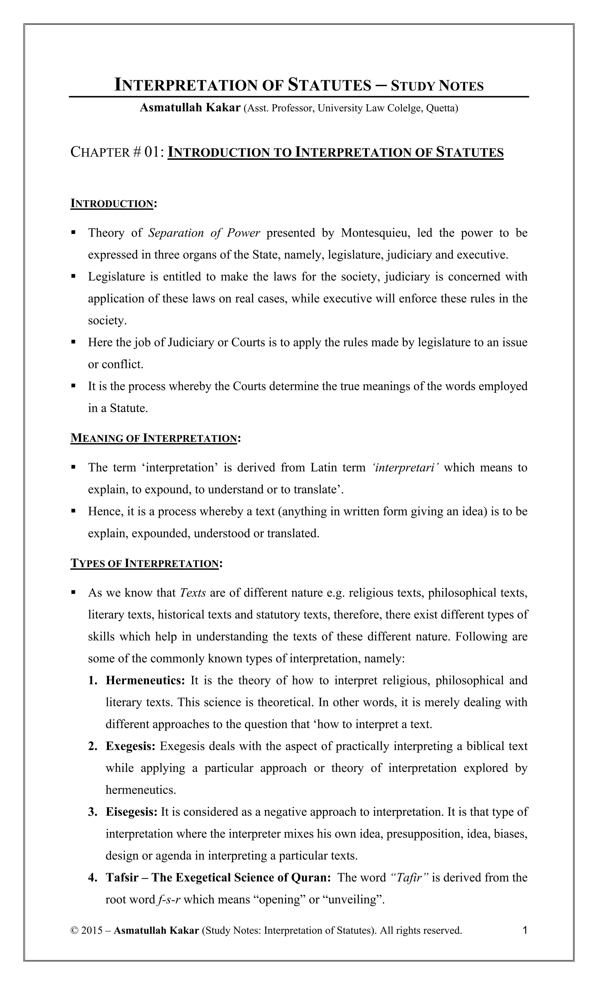 Chapter 1 introdution to interpretation of statutes | PDF
