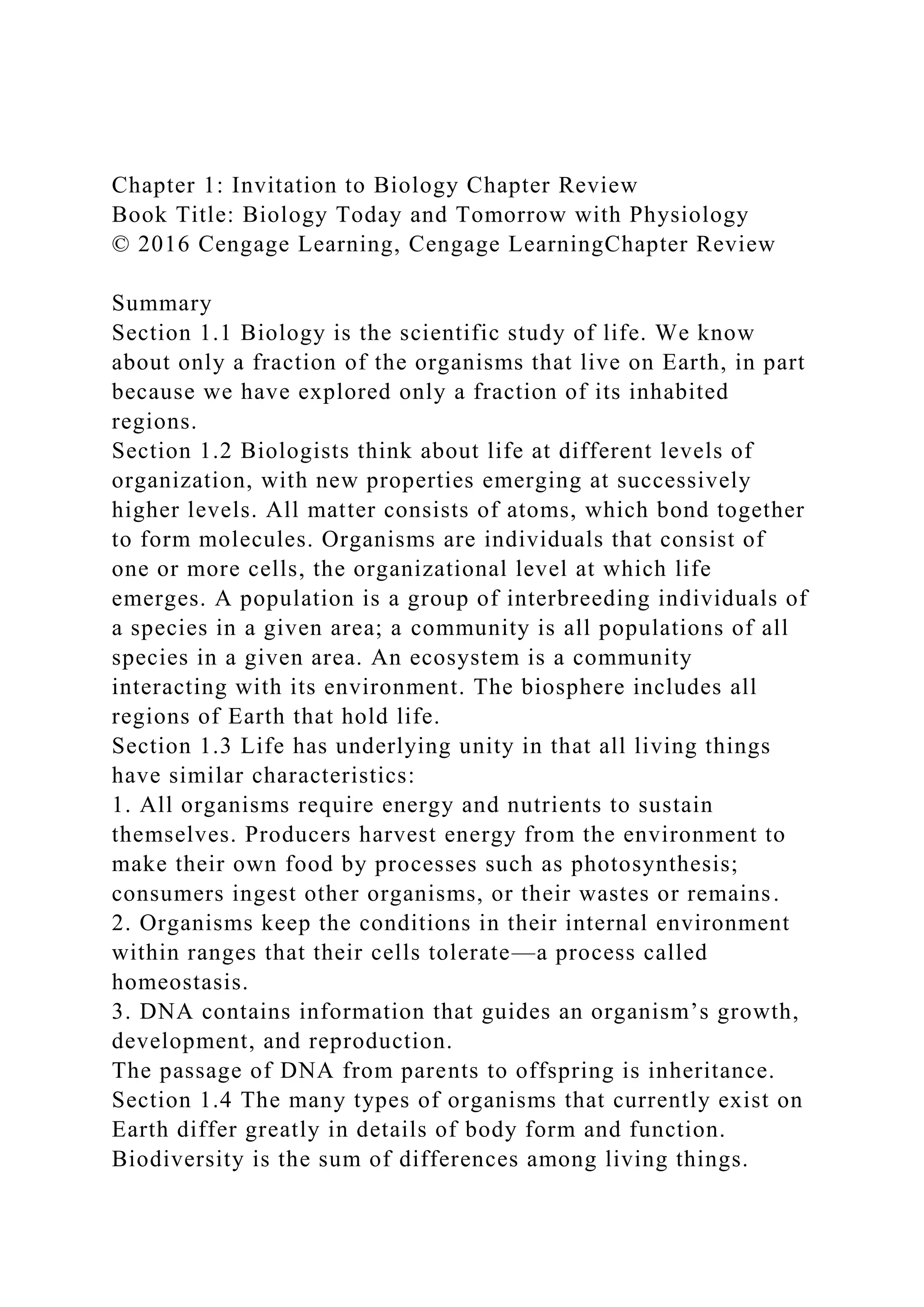 Chapter 1 Invitation to Biology Chapter Review Book Title Biol.docx