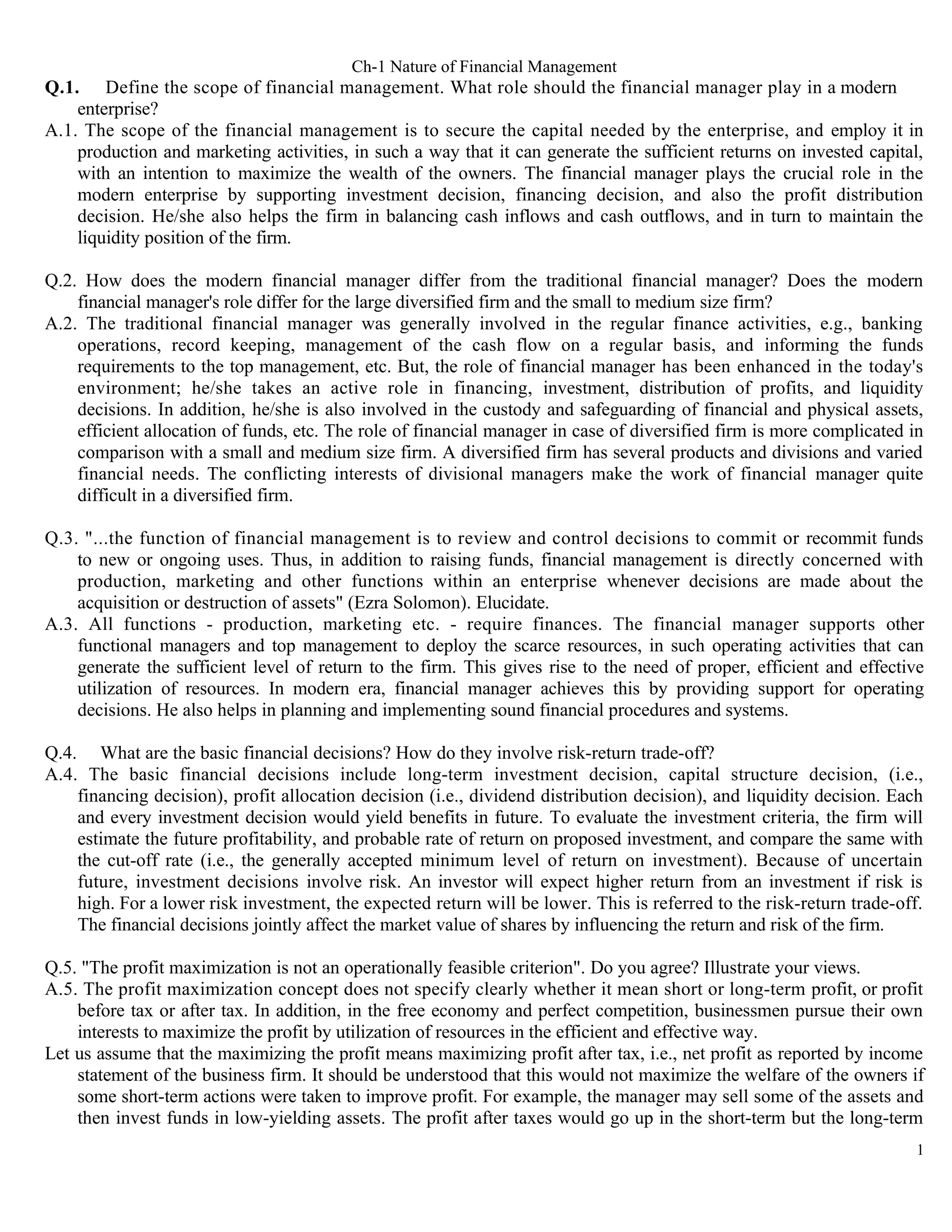 Chapter 1 nature of financial management | DOC