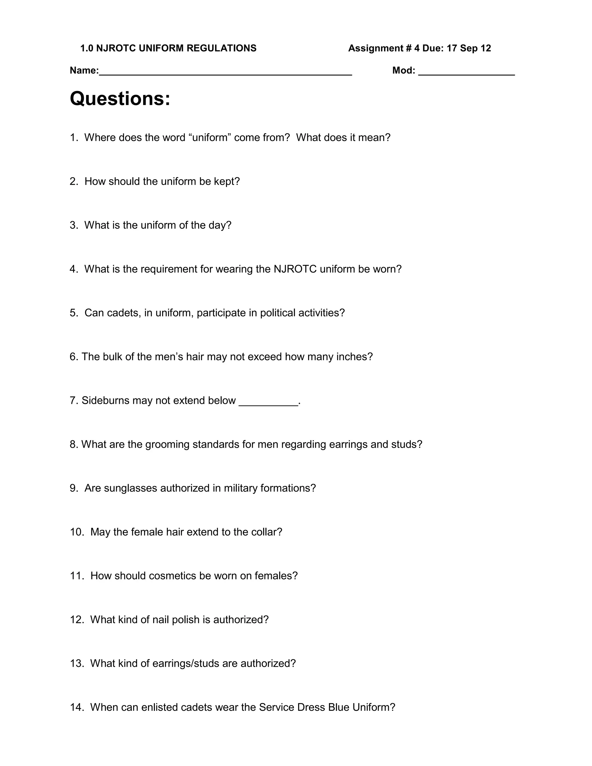 NS1 Assignment # 4 Uniform Regulations Questions | PDF