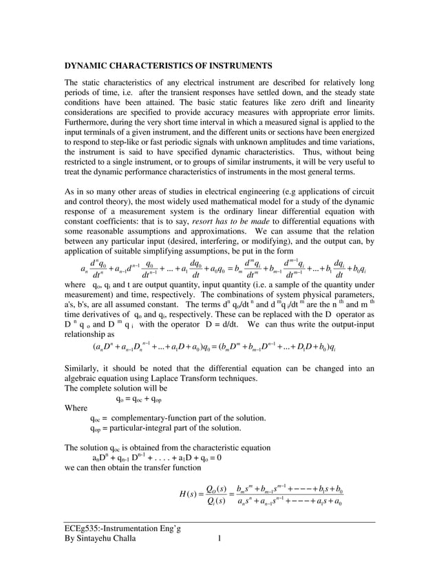 Chapter 2 dynamic characteristics of instruments | PDF