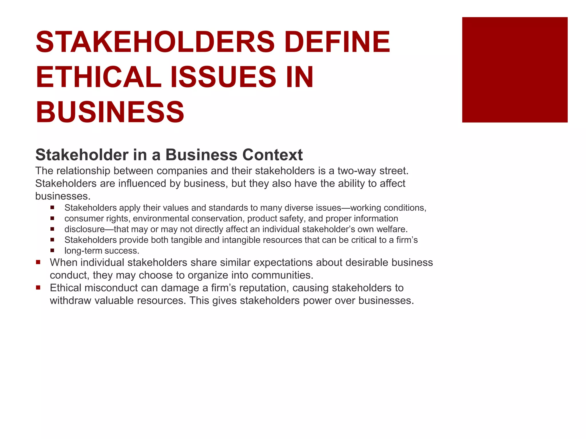 Chapter 2 Stakeholder Relationships, Social Responsibility, & Corporate ...