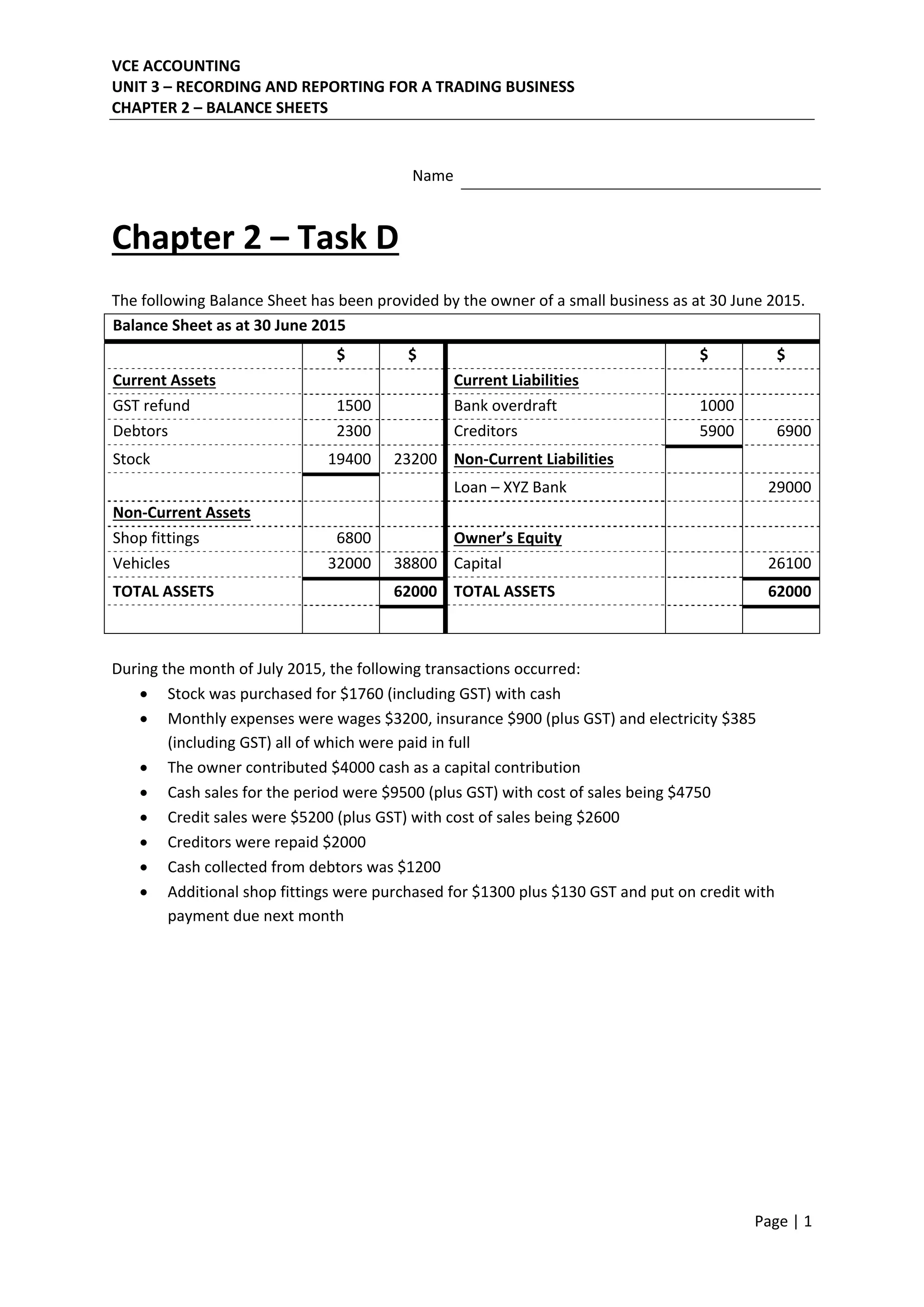 Chapter 2 - Balance Sheets Task D | PDF