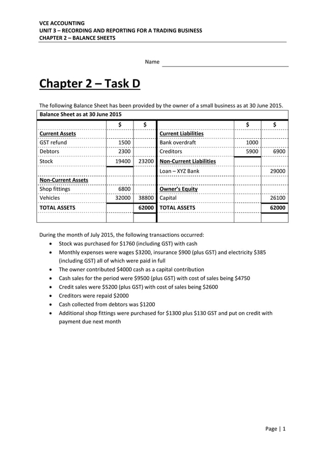 Chapter 2 - Balance Sheets Task D | PDF