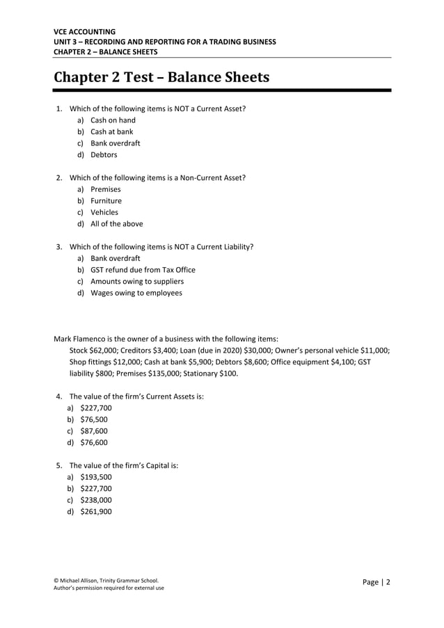 Chapter 2 - Balance Sheets Test | PDF