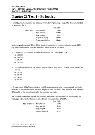 Chapter 21 Budgeting - Test 1 | PDF