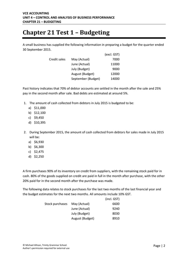 Chapter 21 Budgeting - Test 1 | PDF