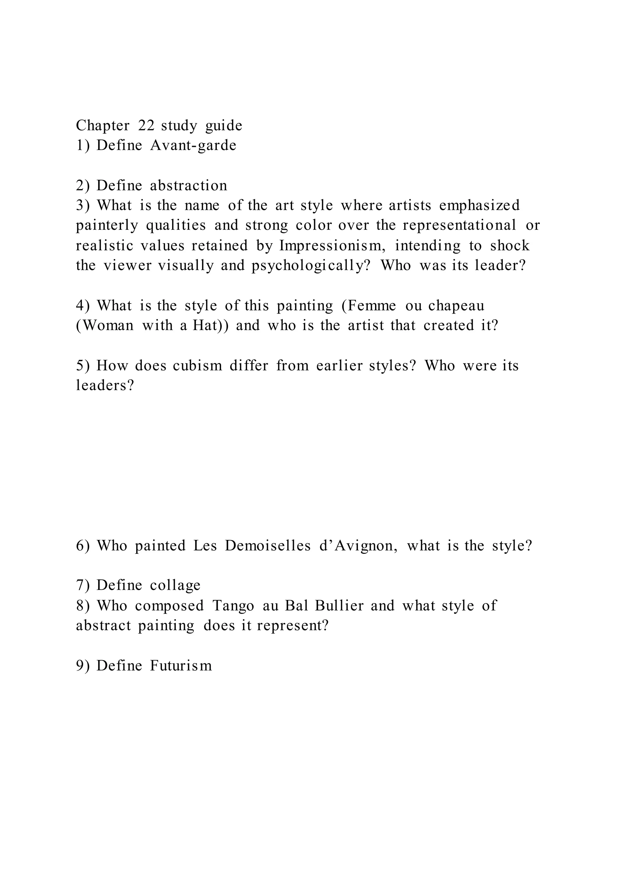 Chapter 22 study guide1) Define Avant-garde 2) Define abstra | DOCX