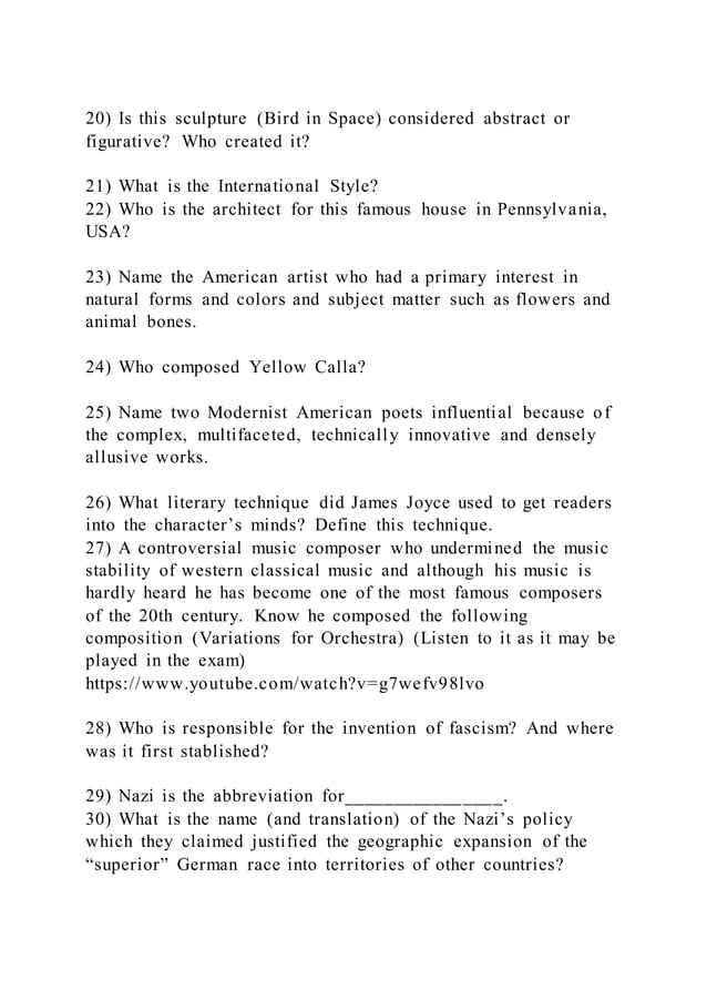 Chapter 22 study guide1) Define Avant-garde 2) Define abstra | DOCX ...