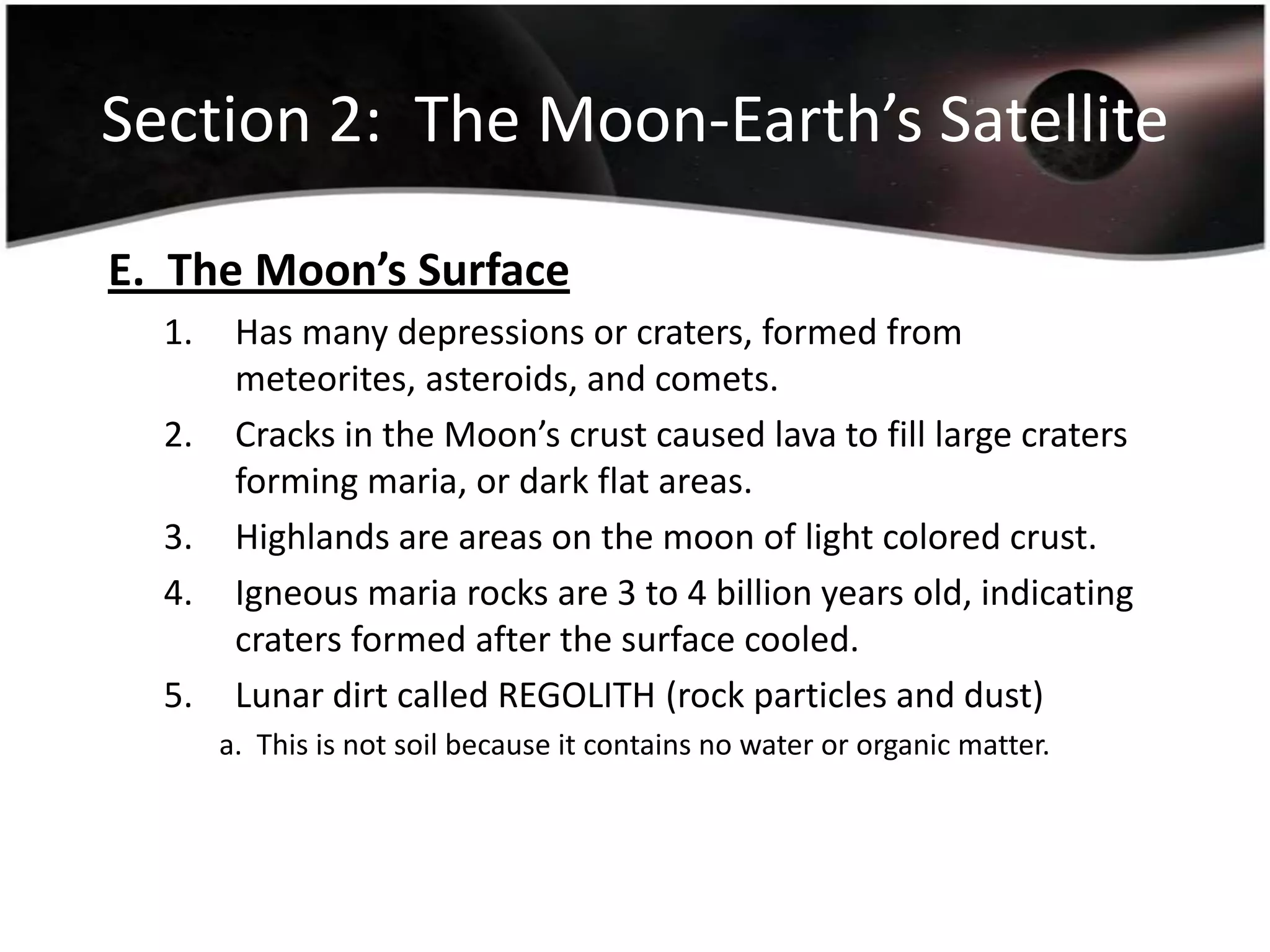 Chapter 23 section 2 notes (the moon earth's satellite) | PPTX
