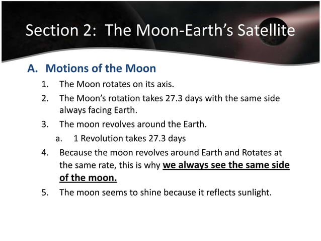 Chapter 23 section 2 notes (the moon earth's satellite) | PPTX