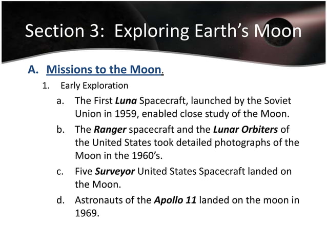 Chapter 23 section 3 notes (exploring earth's moon) | PPT