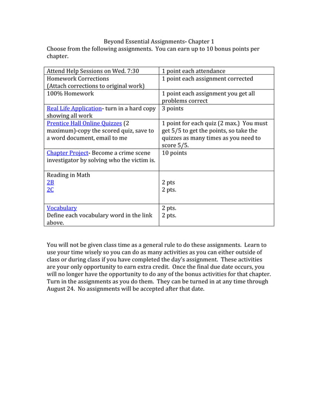 Chapter 2 beyond essential assignments | DOCX | Homework and Study | Education