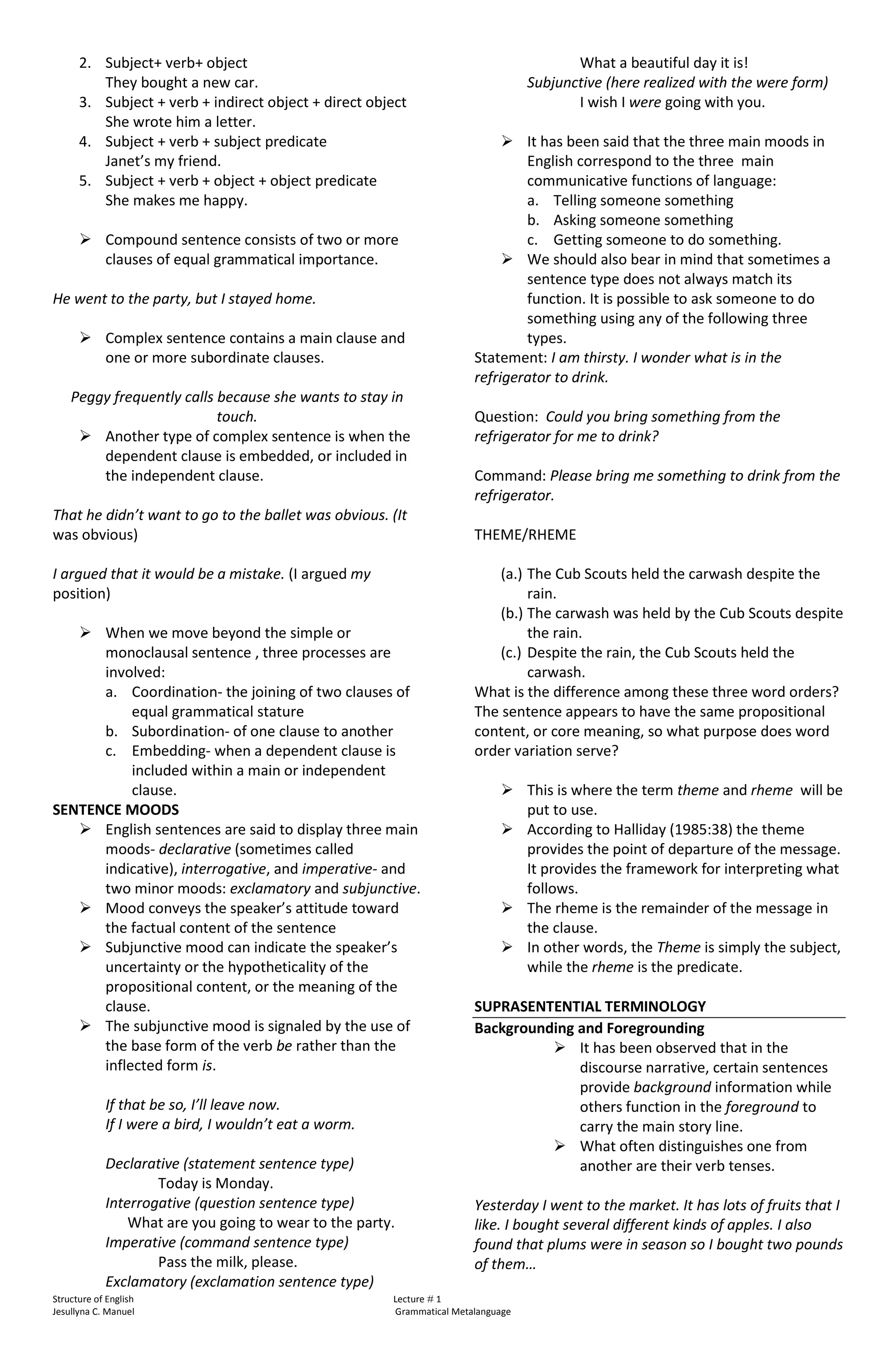 Chapter 2 grammatical metalanguage | DOCX
