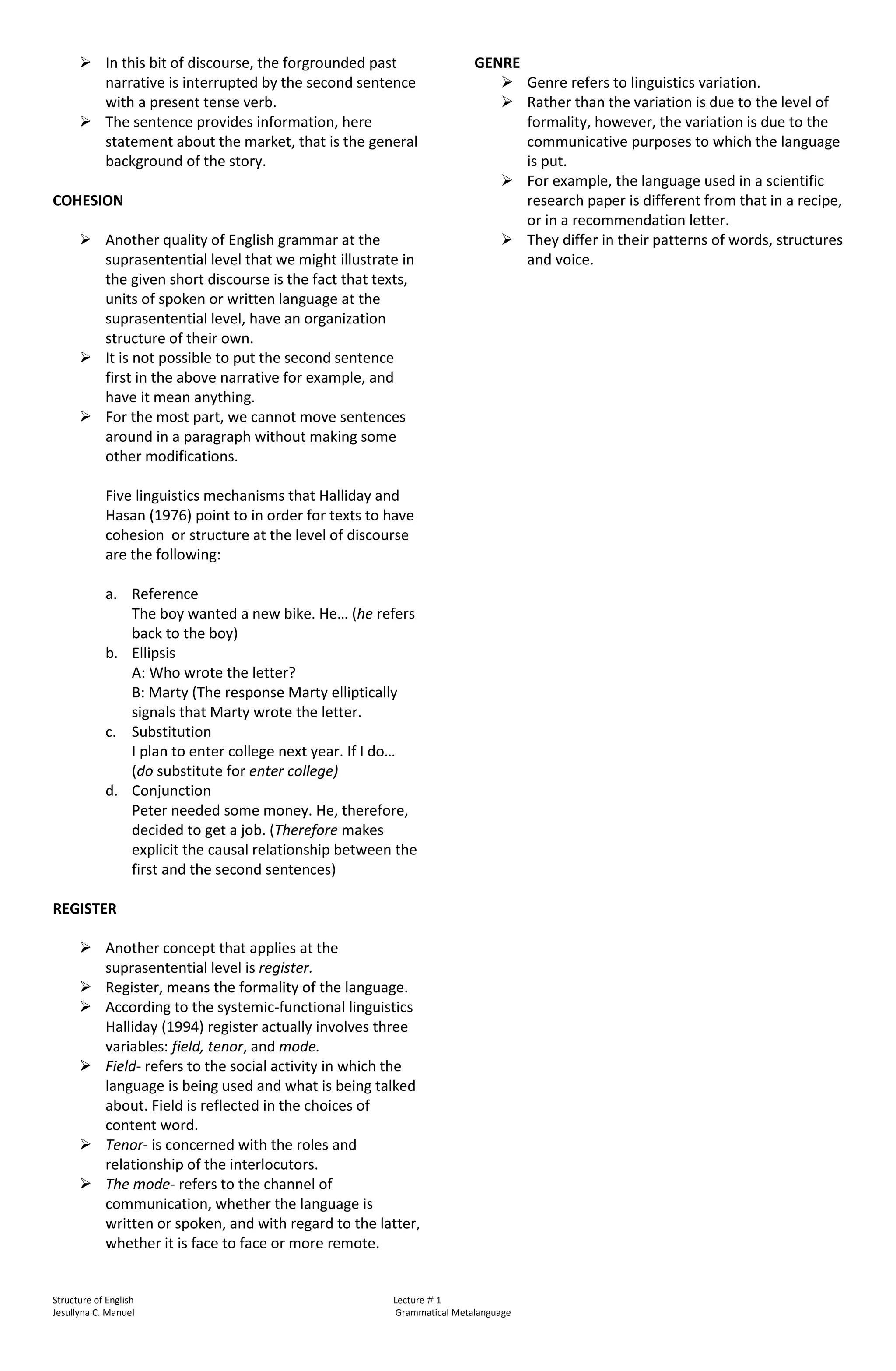 Chapter 2 grammatical metalanguage | DOCX