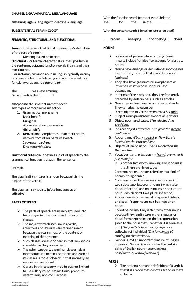 Chapter 2 grammatical metalanguage