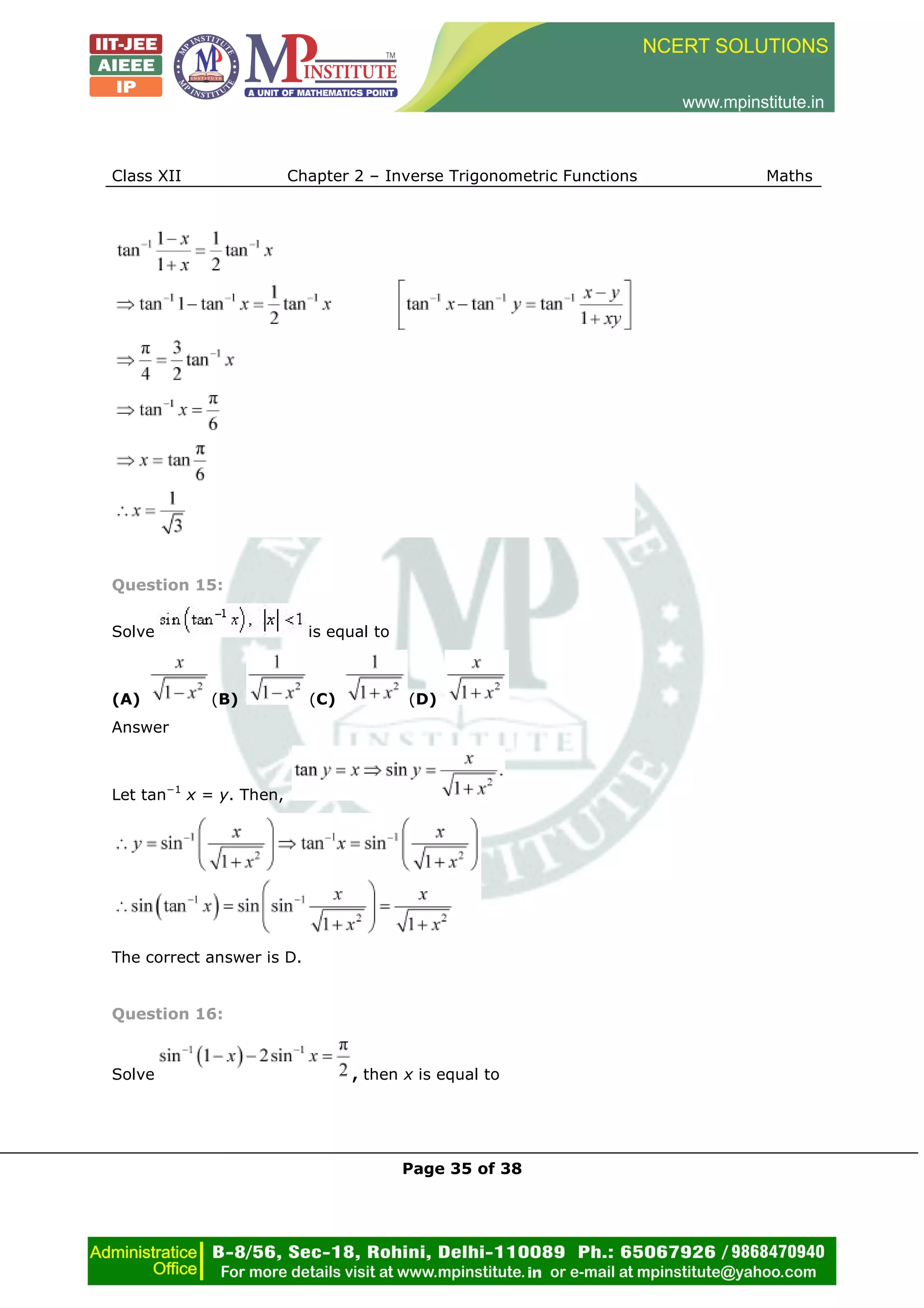 Chapter 2 Inverse Trigonometric Functions Pdf Free Download
