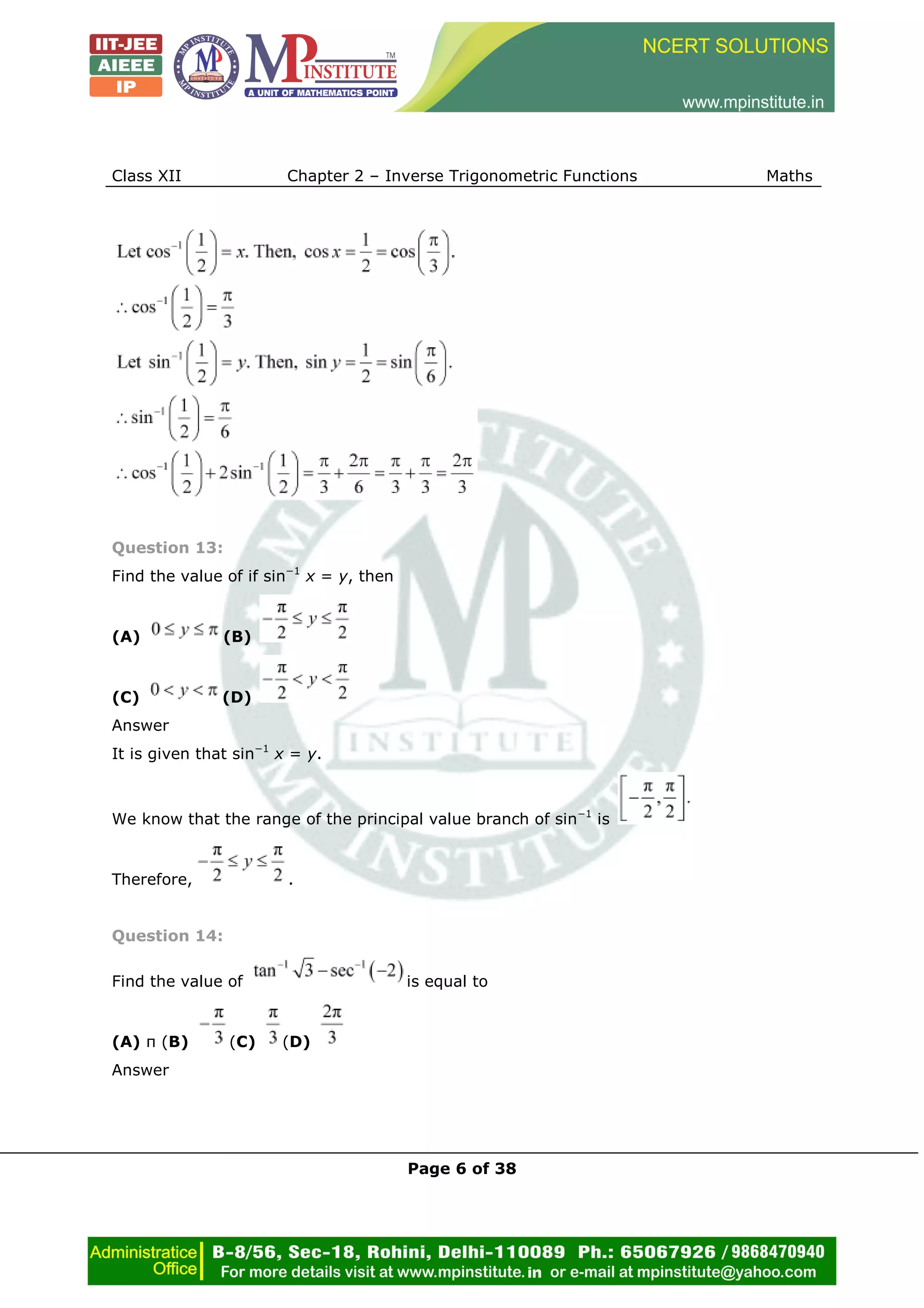 Chapter 2 Inverse Trigonometric Functions Pdf Free Download