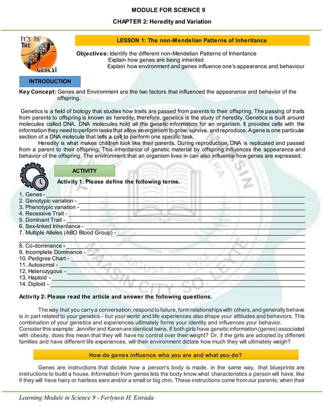 Heredity and Variation: Non-Mendelian Patterns of Inheritance | DOCX | Genetics | Science