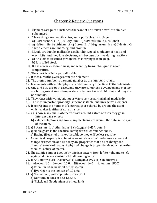 Chapter 2 review questions | DOCX | Chemistry | Science