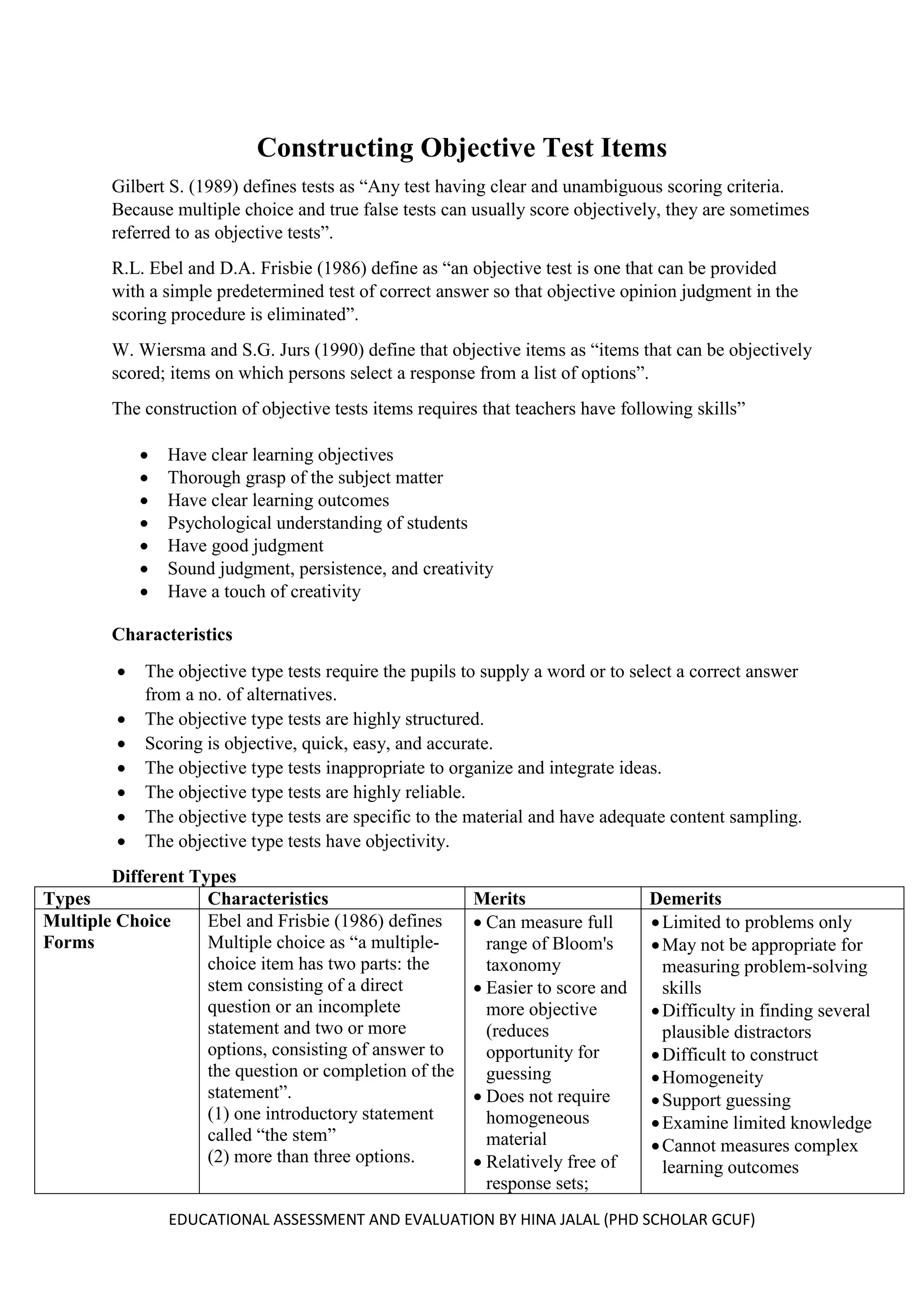 Educational Assessment and Evaluation (Constructing Objective Test ...