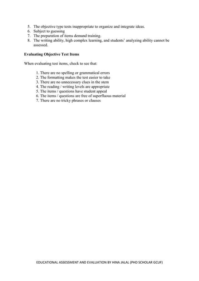 Educational Assessment and Evaluation (Constructing Objective Test ...