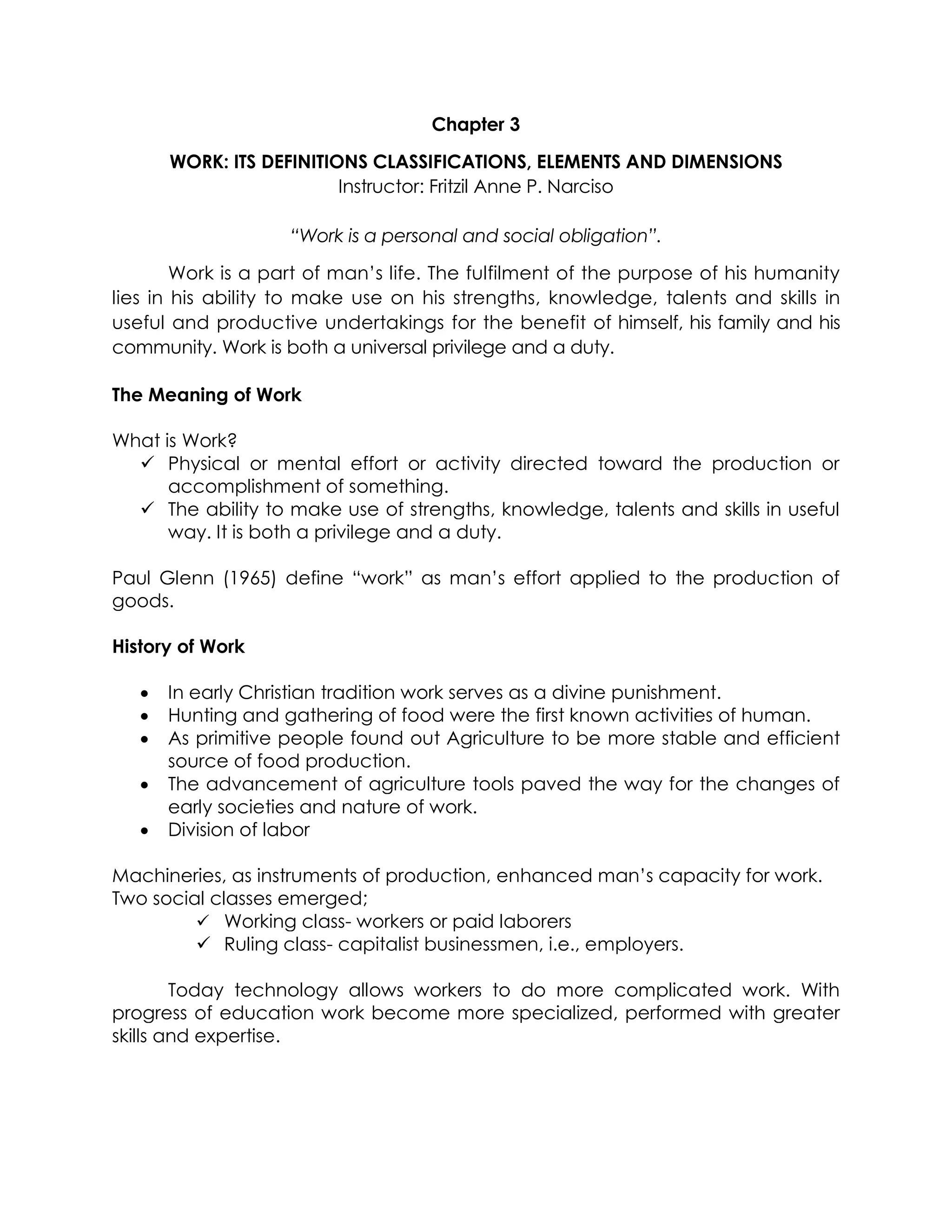 WORK: ITS DEFINITIONS, CLASSIFICATIONS, ELEMENTS AND DIMENSION | PDF