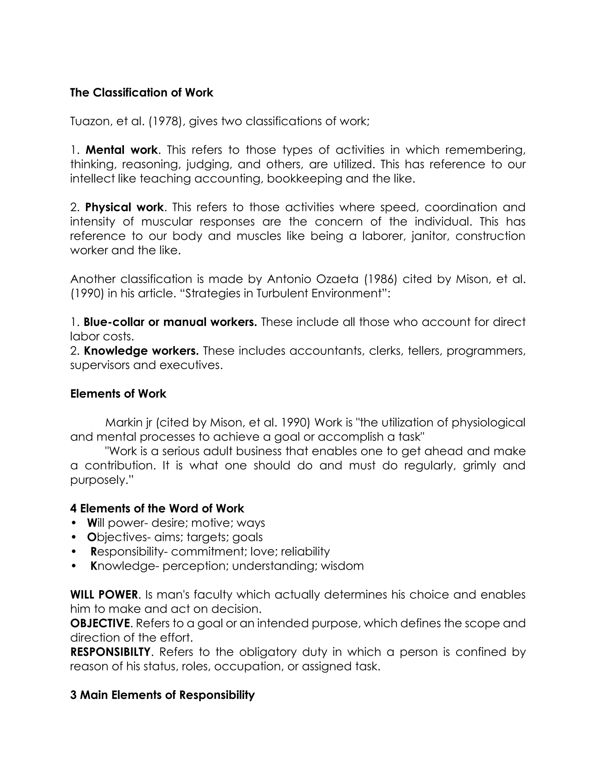 WORK: ITS DEFINITIONS, CLASSIFICATIONS, ELEMENTS AND DIMENSION | PDF