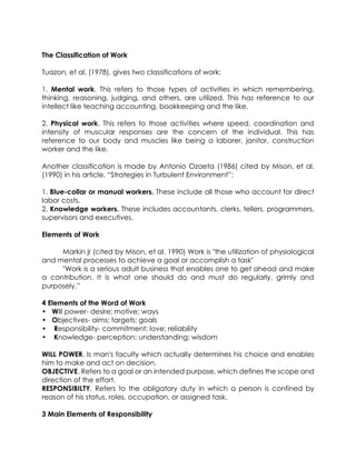 WORK: ITS DEFINITIONS, CLASSIFICATIONS, ELEMENTS AND DIMENSION | PDF