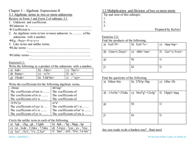 Mathematics Form 1-Chapter 5-6 Algebraic Expression Linear Equations KBSM of form 2 chp 3-4 | DOCX